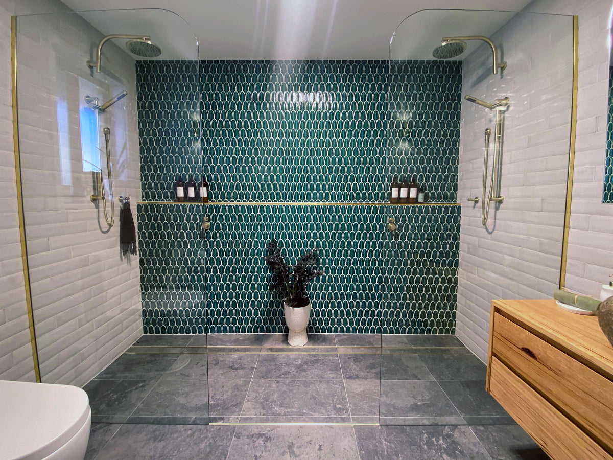 Fan shape green mosaic bathroom transformation – Stone and Tile Projects
